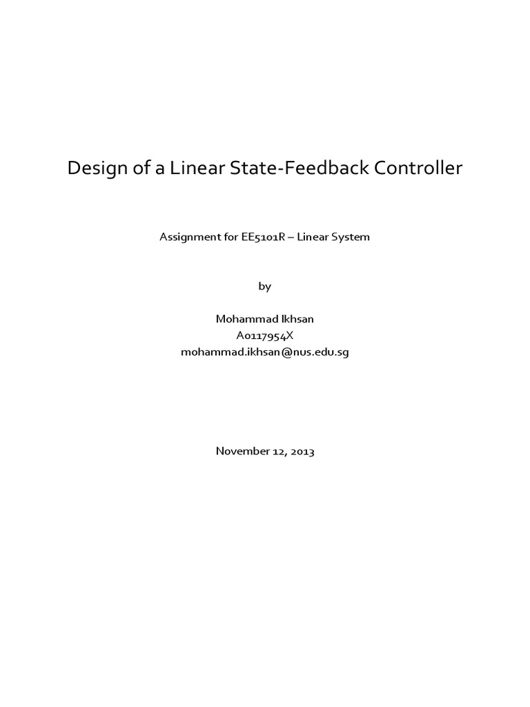 Design of A Linear State Feedback Controller | PDF | Control Theory ...