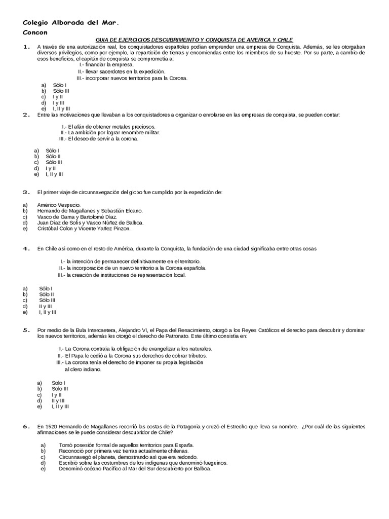 Guia de Ejercicios Descubrimeinto y Conquista de America y Chile | PDF ...