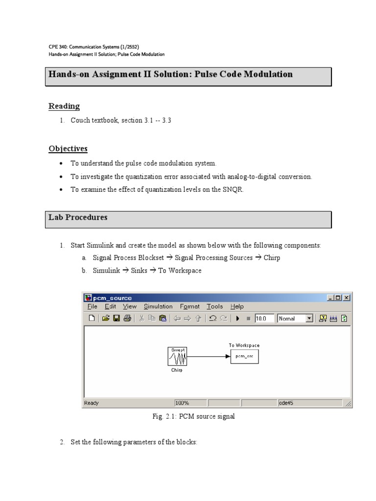 Hands-On Assignment II Solution: Pulse Code Modulation: Reading | PDF | Sampling (Signal ...