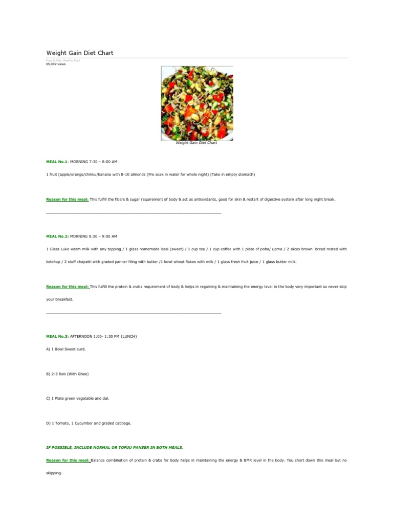 Weight Gain Diet Chart | PDF | Diet (Nutrition) | Diet & Nutrition
