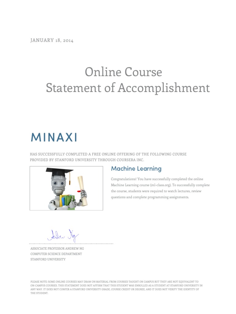 Stanford Machine Learning Course Completion | PDF