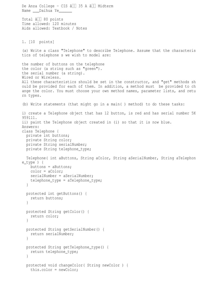 De Anza CIS 35B Midterm | PDF | Constructor (Object Oriented ...