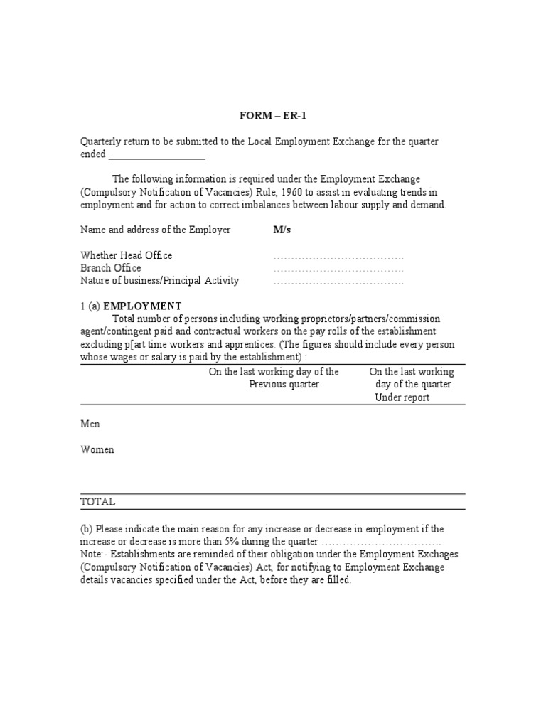 Quarterly Return Form- Er-1 | Labor Economics | General Economics ...