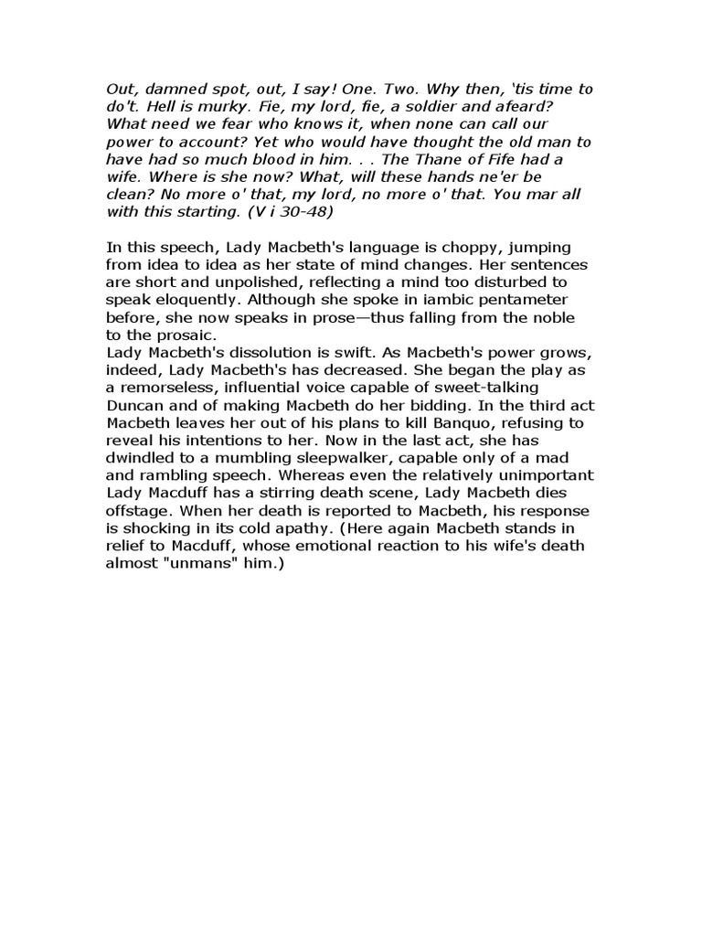 Lady Macbeth Act 5 Scene 1 Analysis | PDF | Macbeth | Psychology