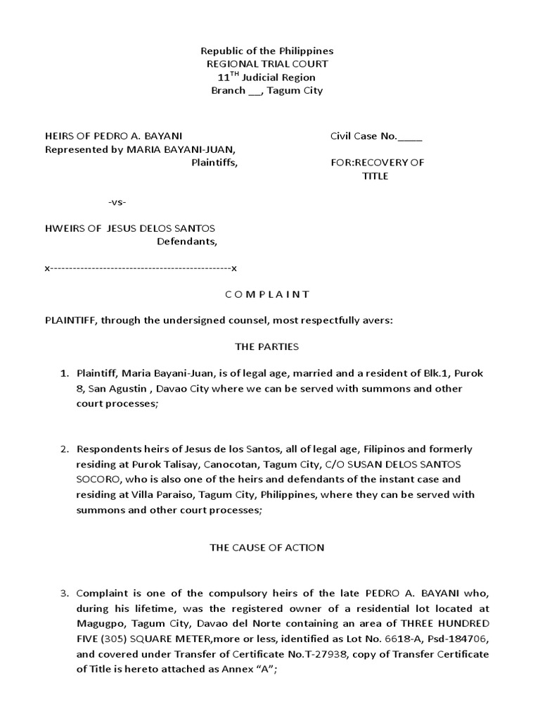 Complaint-recovery of Title | Deed | Lawsuit