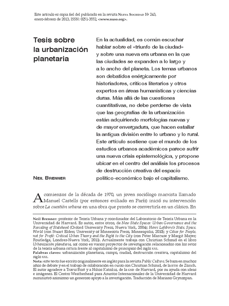 Brenner - Tesis Sobre La Urbanización Planetaria | PDF | Teoría | Urbanismo