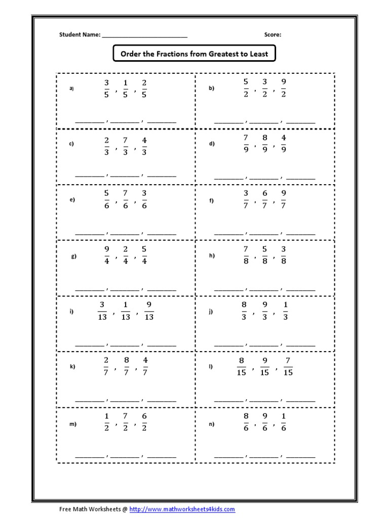 Order Fractions Worksheet for Kids | PDF