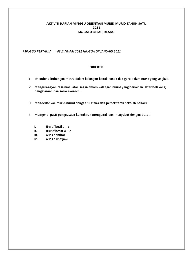 Aktiviti Harian Minggu Orientasi Murid | PDF