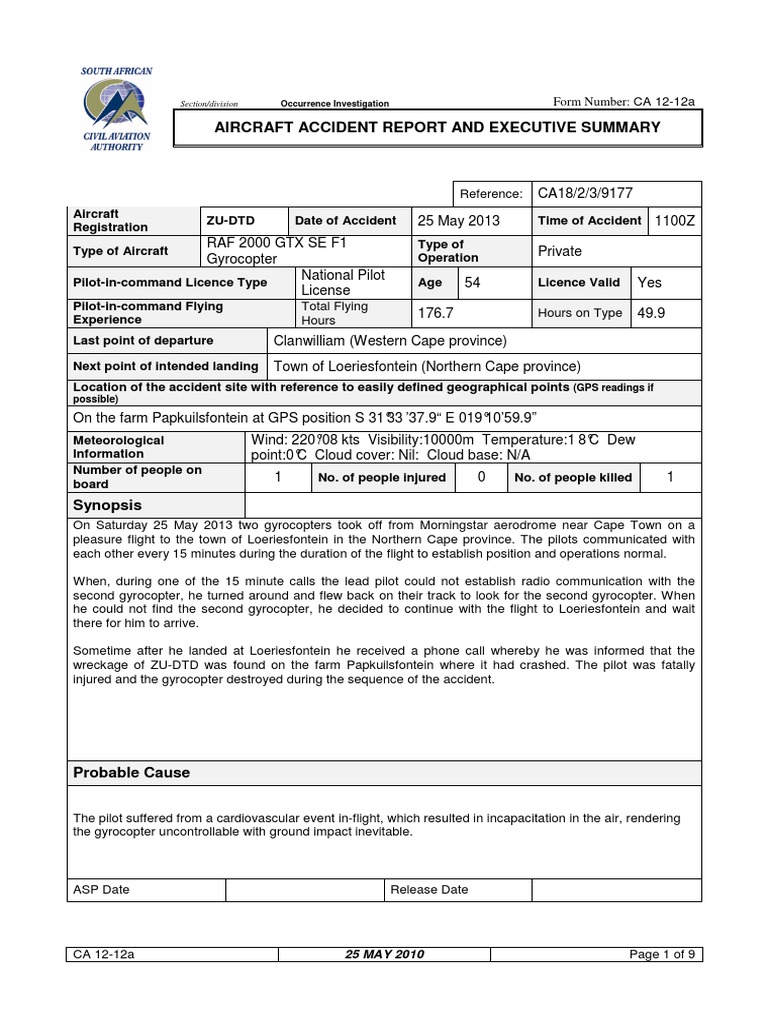 Gyrocopter Accident Report: ZU-DTD Crash | PDF | Flight Recorder ...