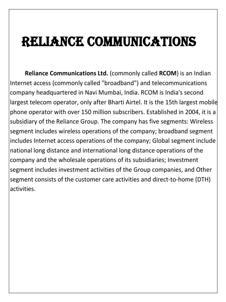 Reliance Communications | PDF | Telecommunications | Internet