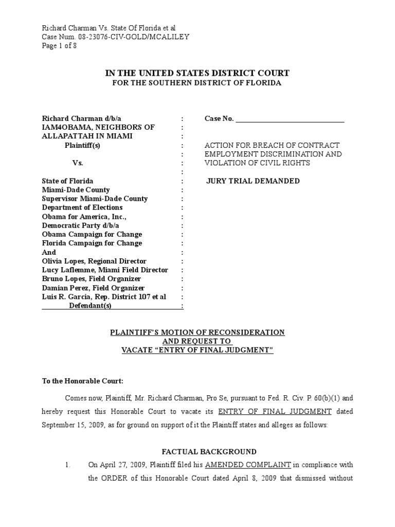 Motion to Vacate Final Judgment | PDF | Lawsuit | Pro Se Legal ...