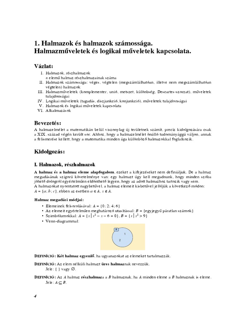 01 Halmazok És Halmazok Számossága. Halmazműveletek És Logikai Műveletek Kapcsolata | PDF