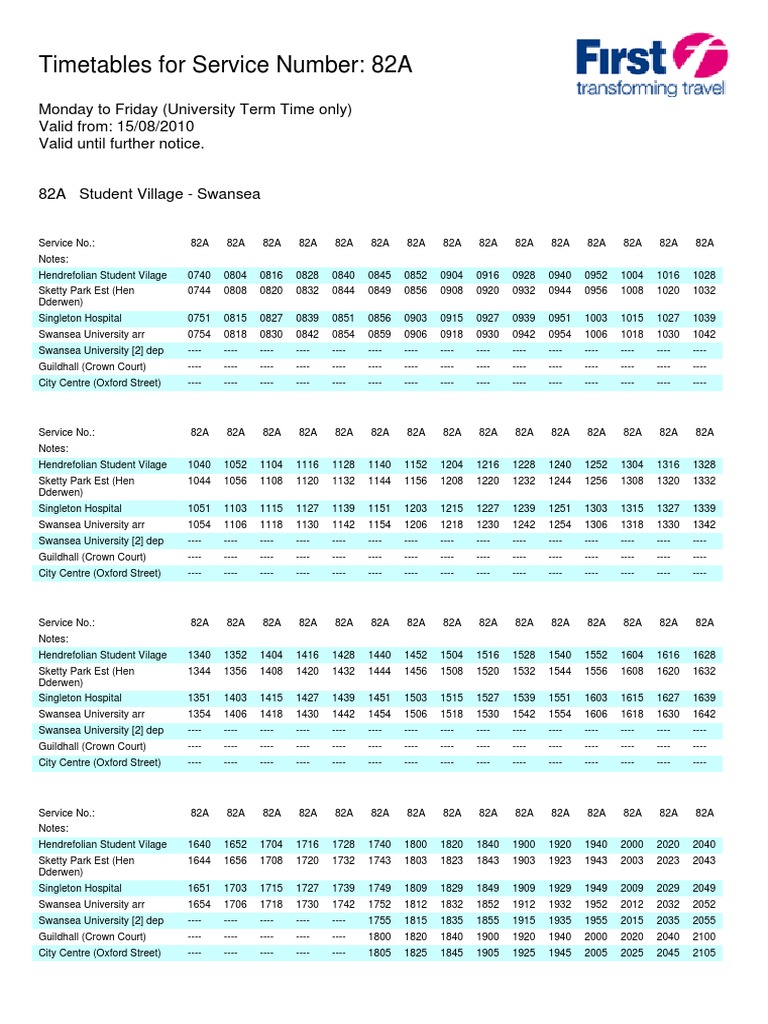 82A Bus Timetable for Swansea University | PDF | Science & Mathematics ...