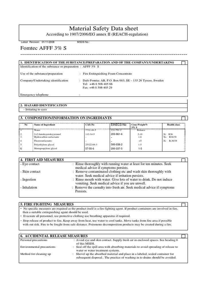 MSDS - Fomtec AFFF 3% S (2008-11-01) | Safety | Chemistry | Free 30-day ...
