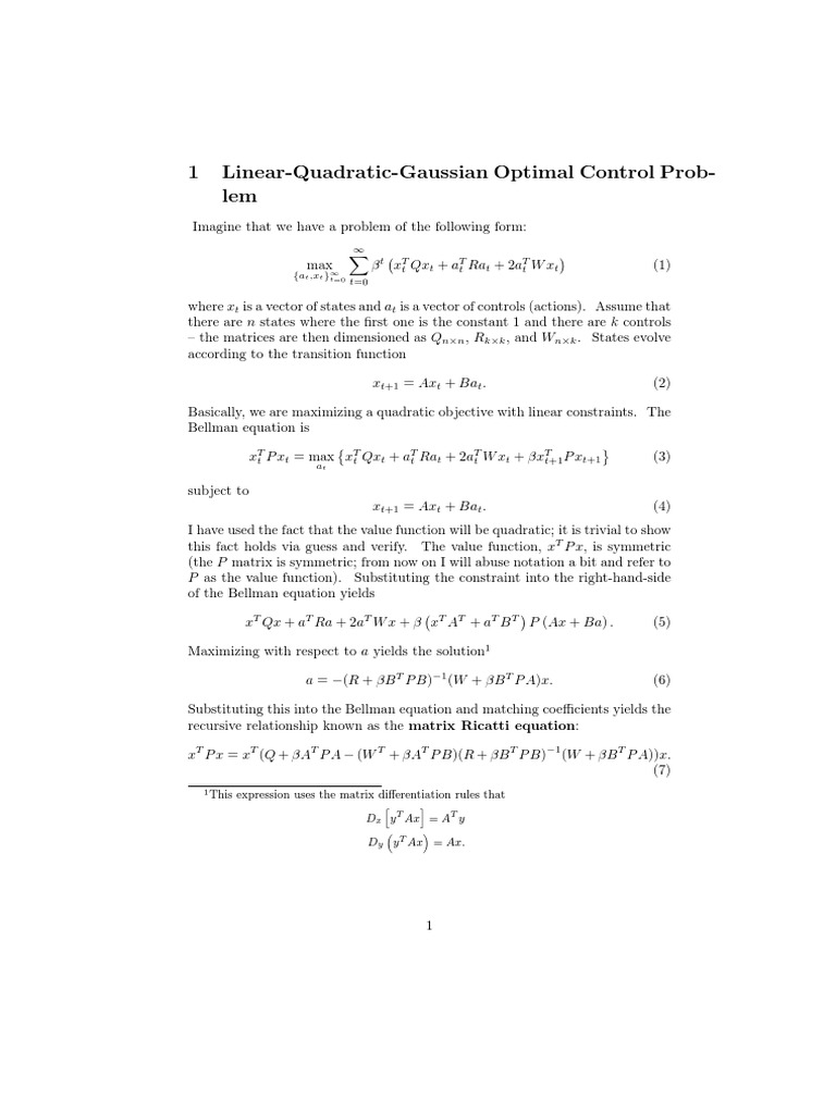 Linear Quadratic Control | PDF | Matrix (Mathematics) | Analysis