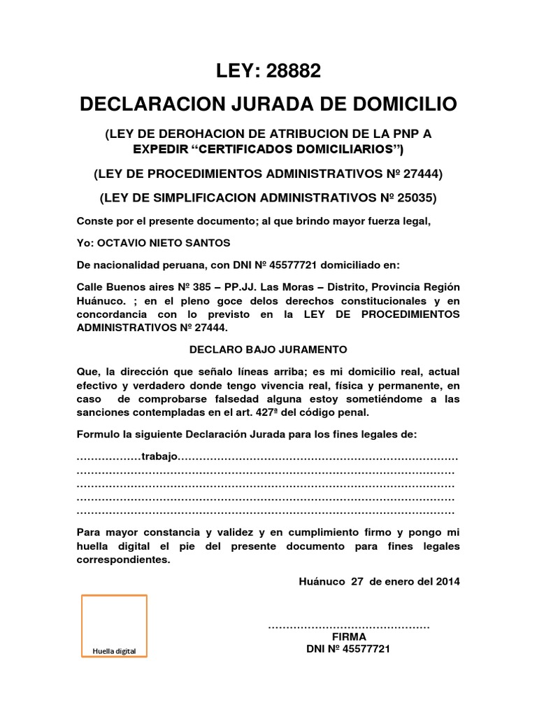 LEY: 28882 Declaracion Jurada de Domicilio | PDF | Política | Ciencias sociales