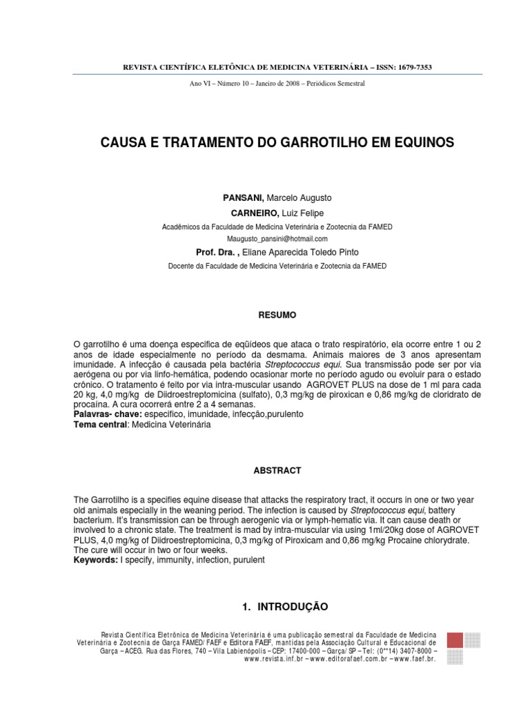 Causas e Tratamento do Garrotilho Equino | PDF | Medicina Veterinária ...