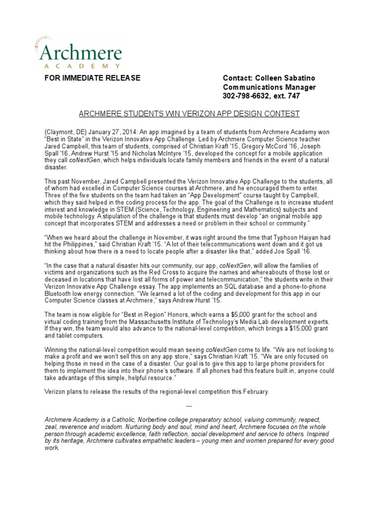 Archmere Students Win App Contest | PDF | Science, Technology ...