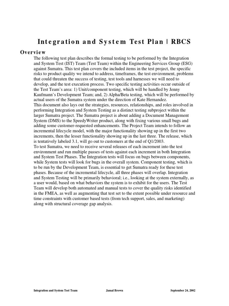 Integration and System Test Plan - RBCS | PDF | Software Bug | Software ...