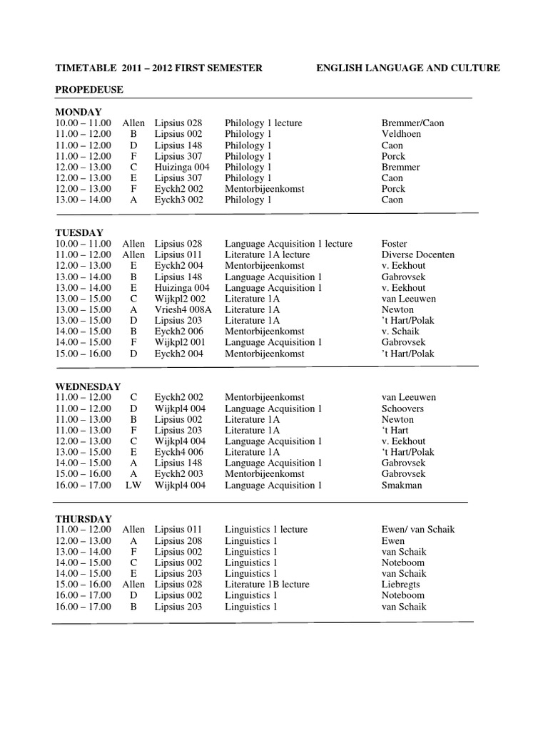 English Language Timetable 2011-12 | PDF | Linguistics | Philology