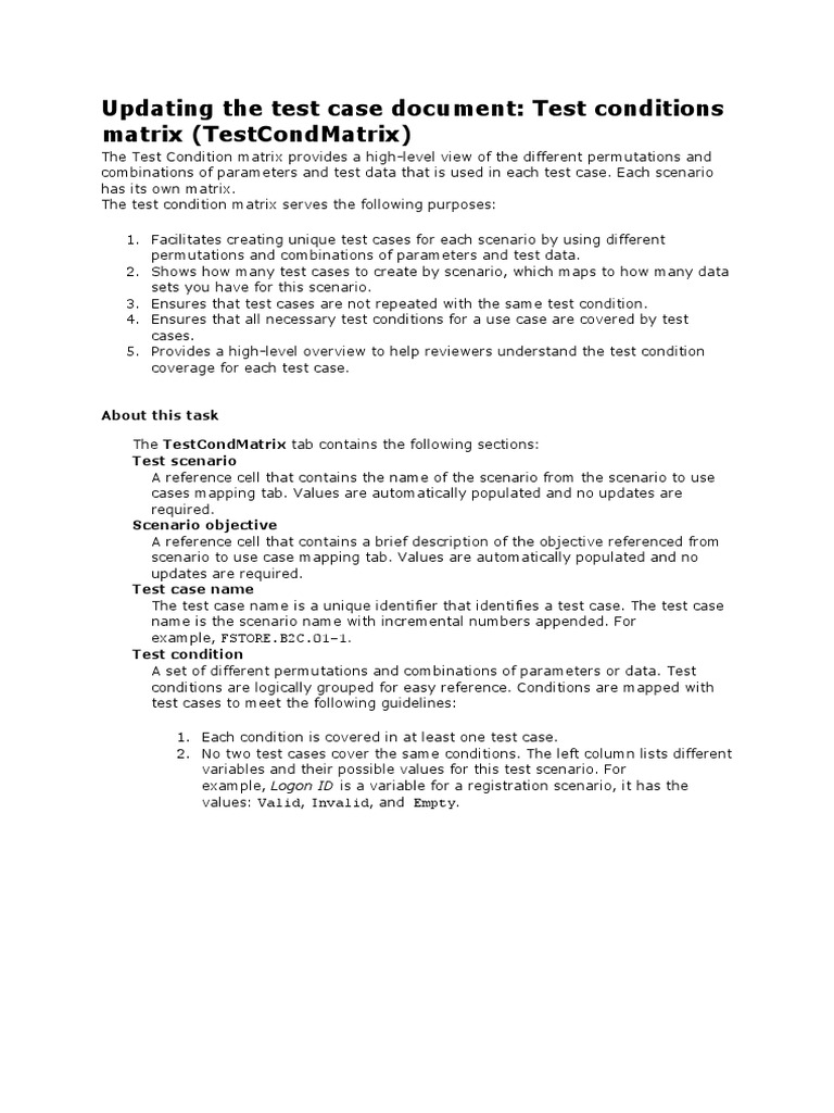Updating The Test Case Document: Test Conditions Matrix (Testcondmatrix ...