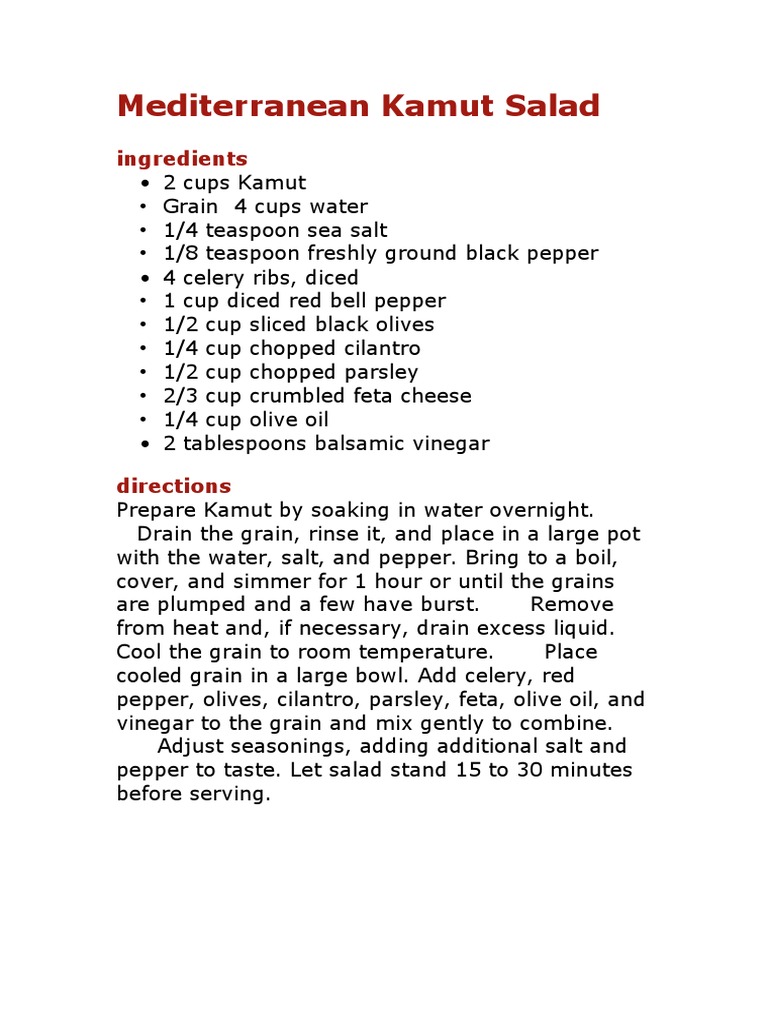Mediterranean Kamut Salad Recipe | PDF