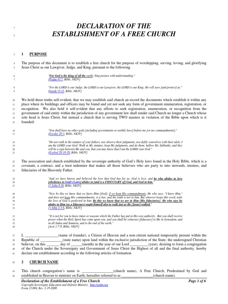 Declaration of The Establishment of A Free Church: 1 Purpose | PDF ...