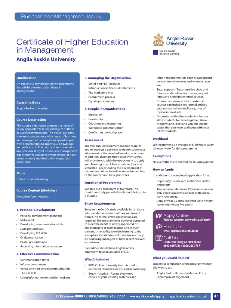 Certificate of Higher Education in Management: Anglia Ruskin University ...