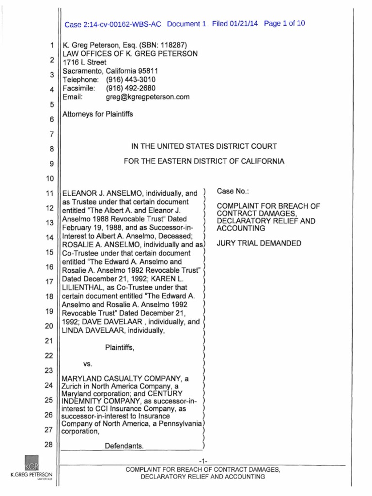 Insurance Breach of Contract Complaint | PDF | Declaratory Judgment ...