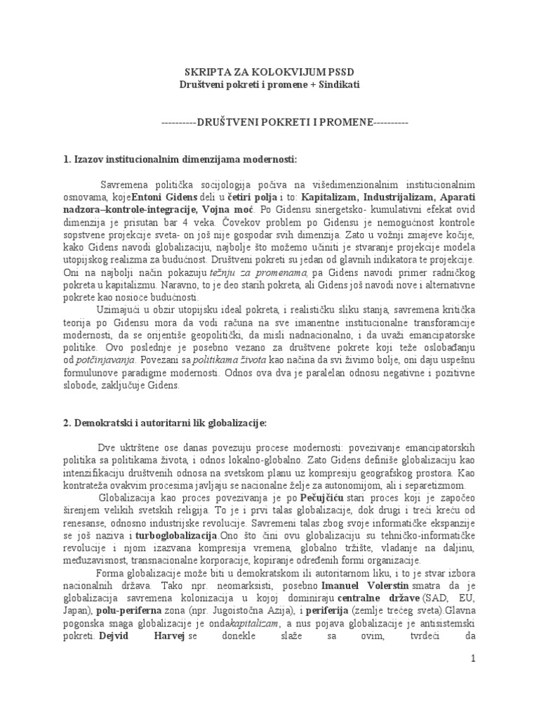 Skripa Kolokvijum PSSD Drustvene Promene I Pokreti + Sindikati3 | PDF