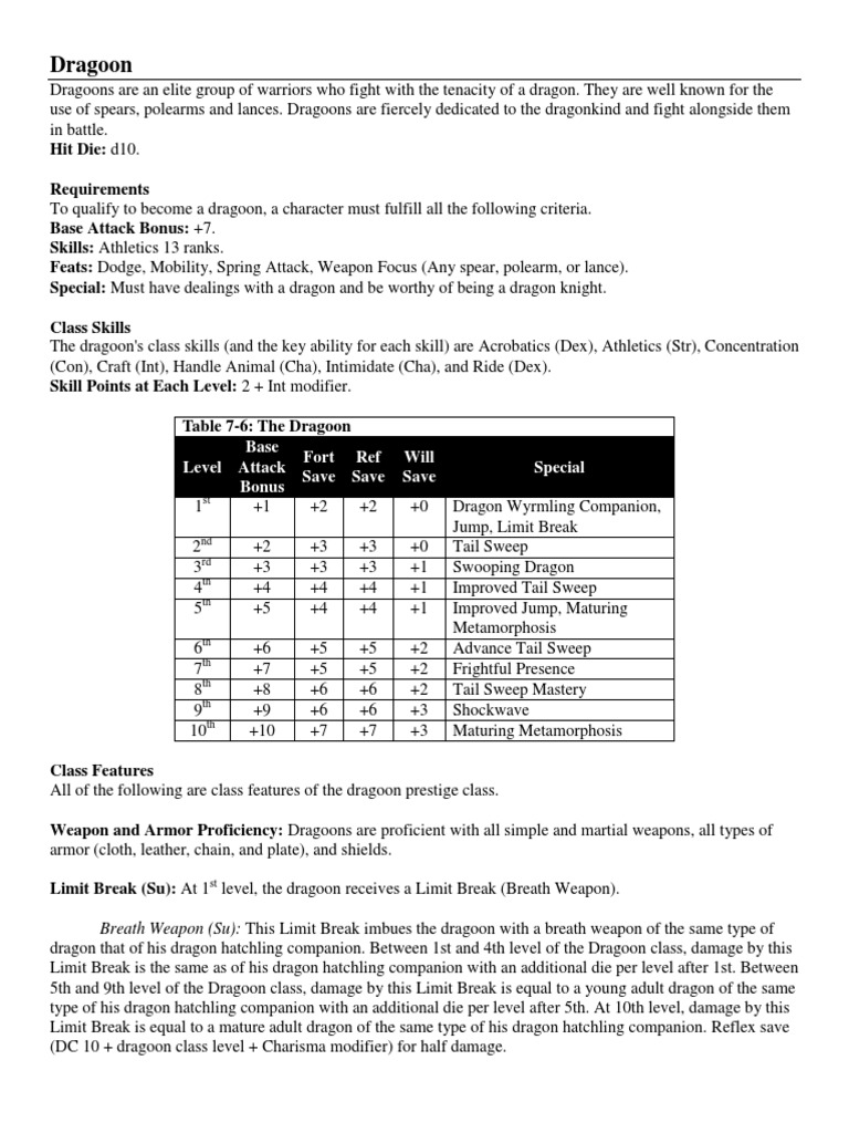 Dragoon: Level Base Attack Bonus Fort Save Ref Save Will Save Special ...