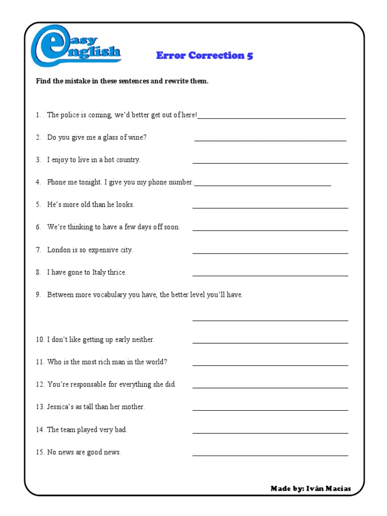 Sentence Error Correction Exercises | PDF