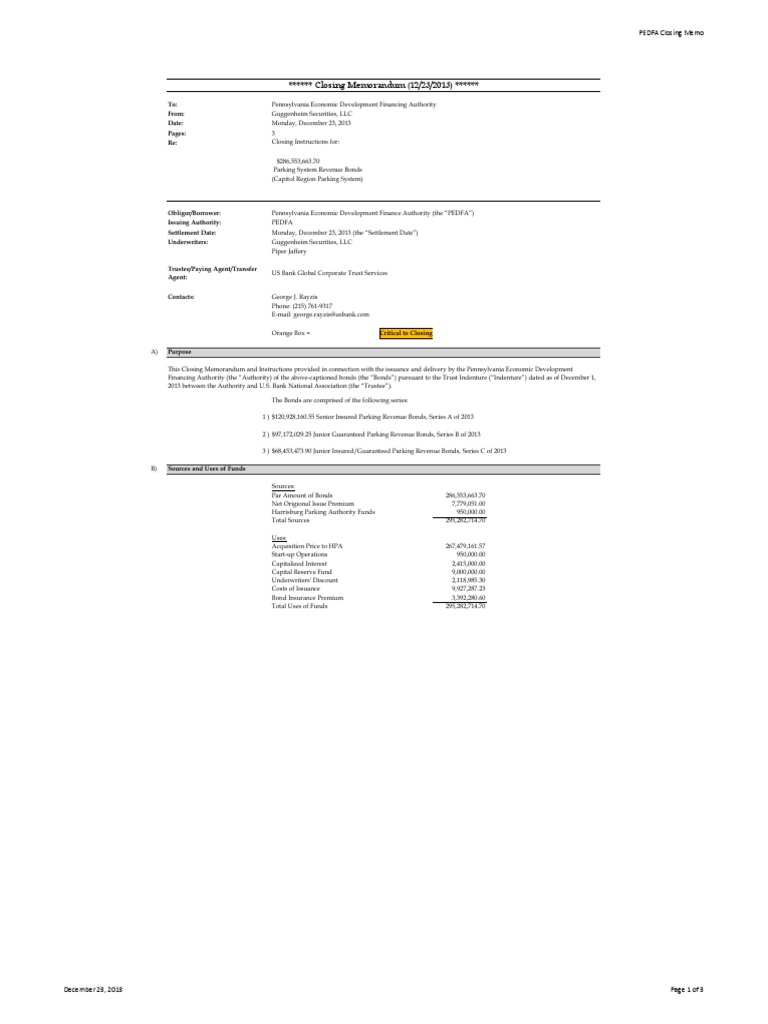 PEDFA $287M bond closing memo | Underwriting | Bonds (Finance)