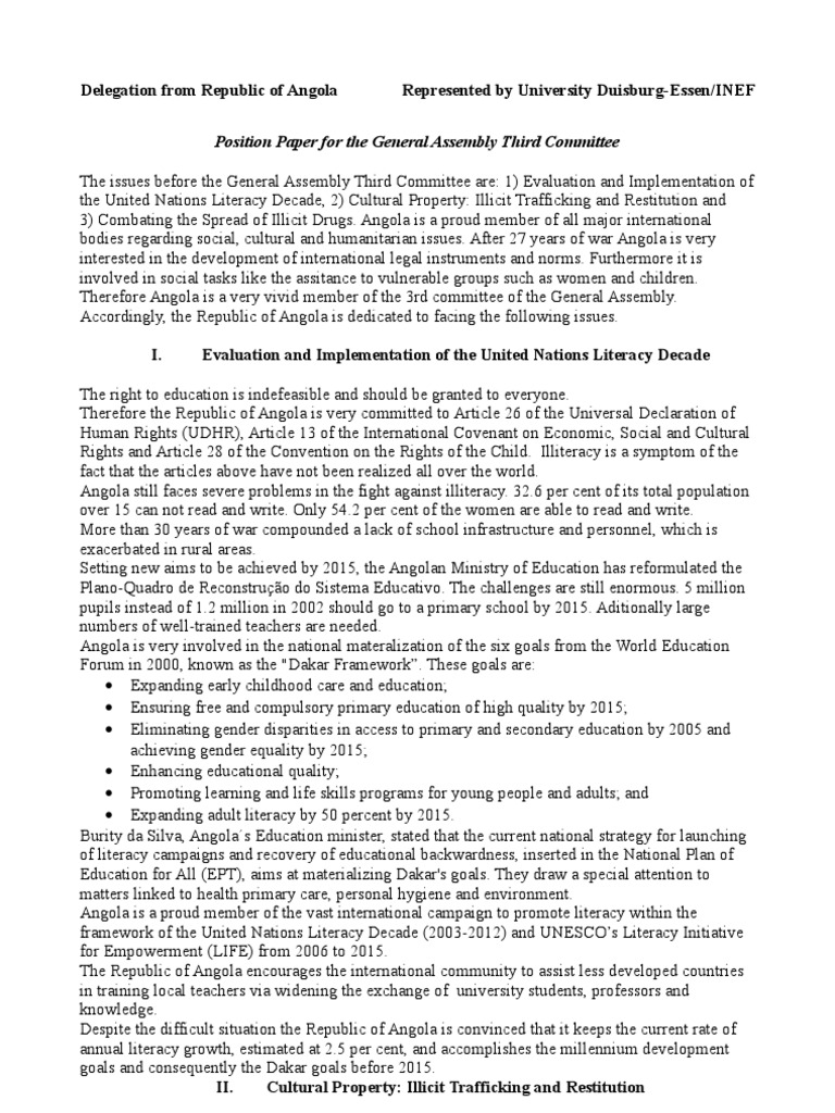 NMUN Position Paper Angola GA3rd | PDF | Literacy | Illegal Drug Trade