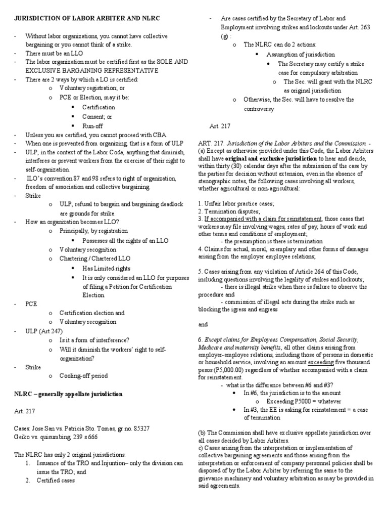 Labor Law Review Transcript - Jurisdiction of Labor Arbiter and NLRC ...