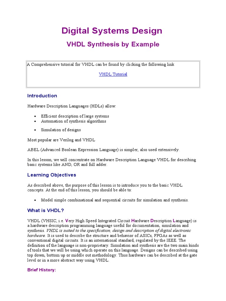 Digital Systems Design: VHDL Synthesis by Example | PDF | Hardware Description Language | Vhdl