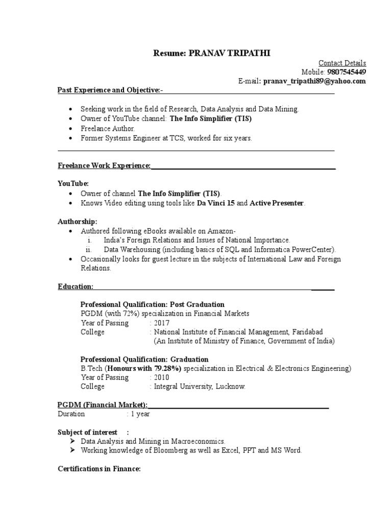 Pranav Tripathi: Research & Data Analyst Resume | PDF | Computing ...