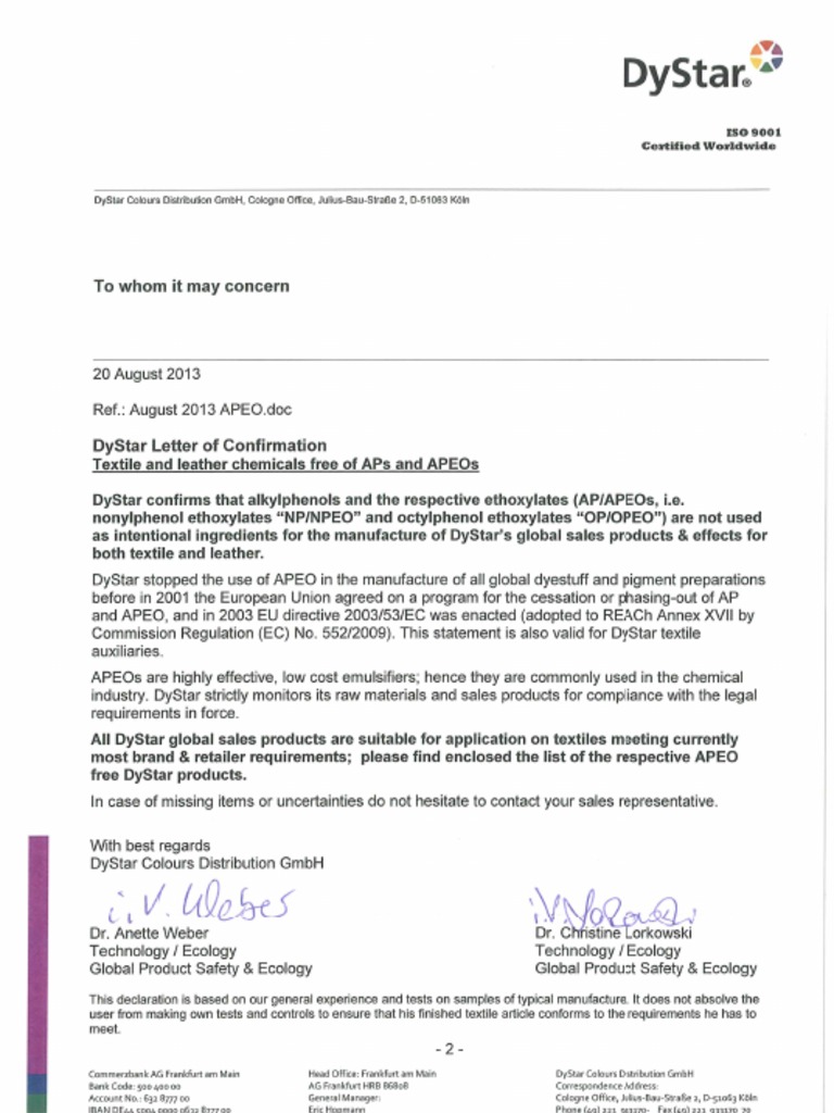 APEO Free Declaration 2013 Dystar Liquid Indigo | PDF | Red | Yellow