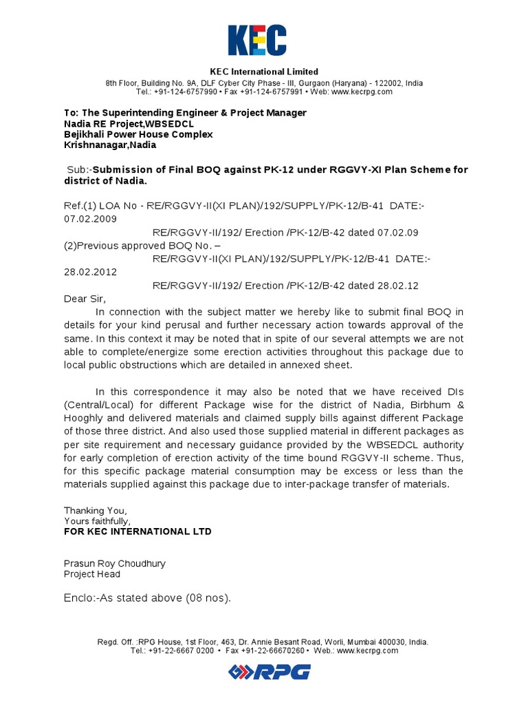 BOQ Cover Letter - PKG-12 | PDF