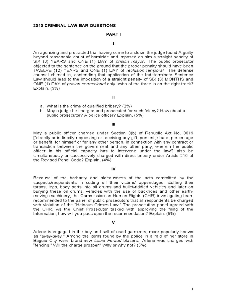 2010 Criminal Law Bar Questions | PDF | Prosecutor | Fraud