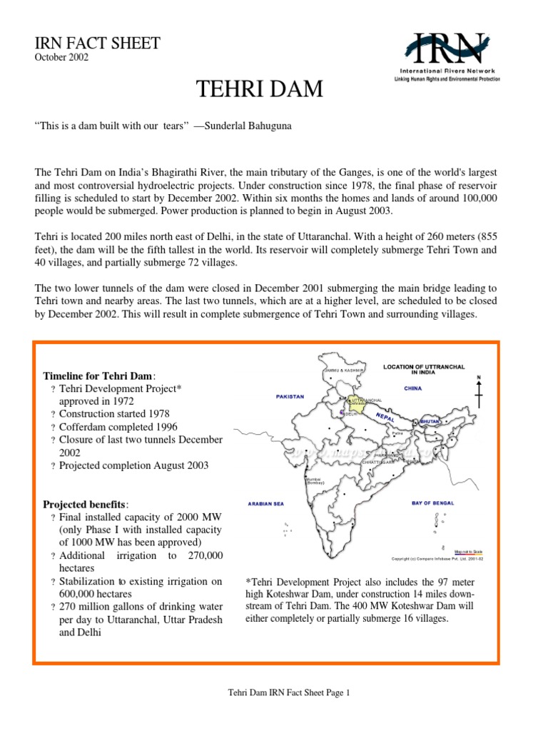 Tehri Dam Fact Sheet | PDF | Earthquakes | Nature