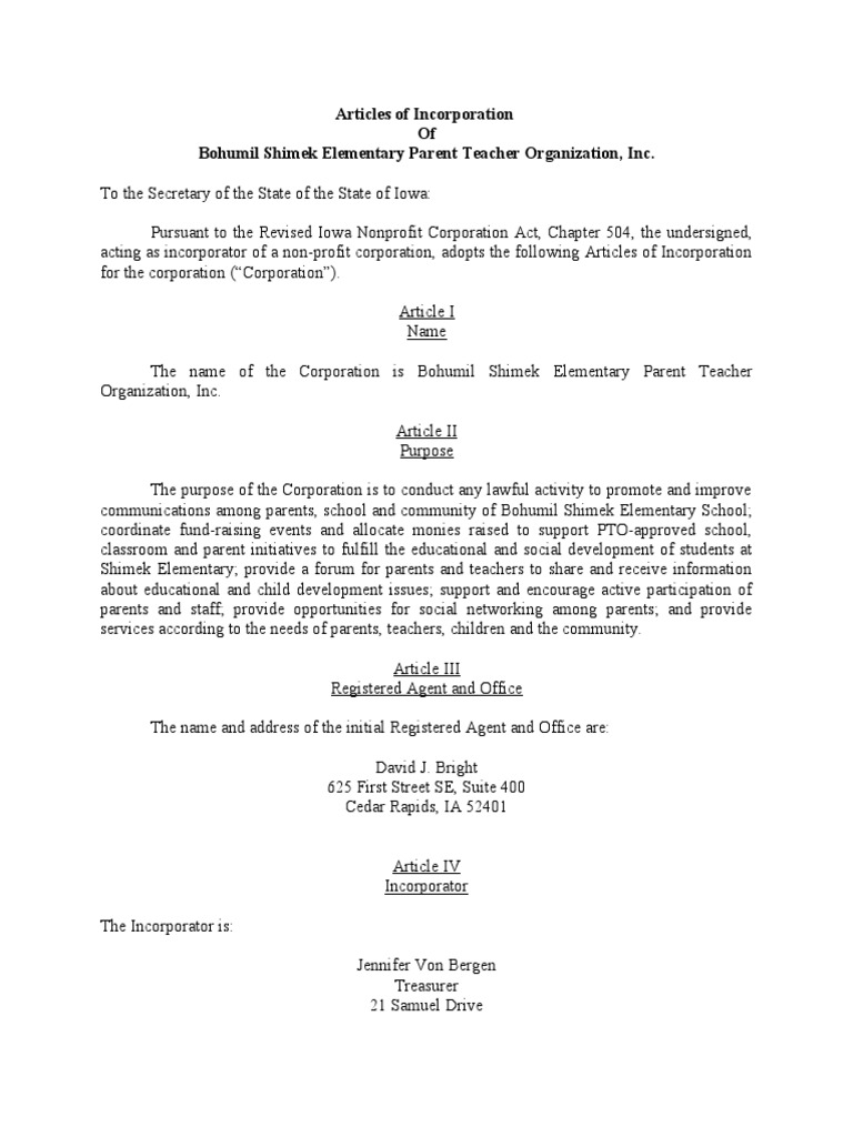 Shimek Articles of Incorporation | PDF | Corporations | Corporate Law