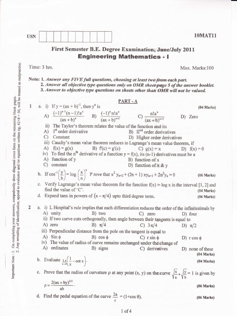 Vtu 1st Sem Maths Question Paper | PDF | Matrix (Mathematics ...