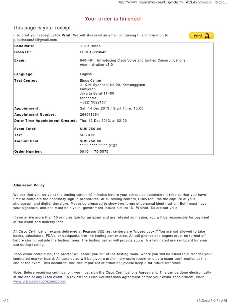 Pearson VUE receipt for Cisco 640-461 exam | PDF | Cisco Certifications ...
