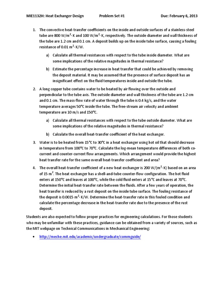 MIE1132H Problem Set 1 | PDF | Heat Exchanger | Heat Transfer