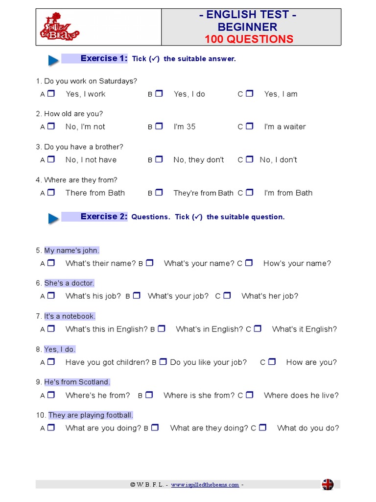 100 Questions Test Beginner | PDF