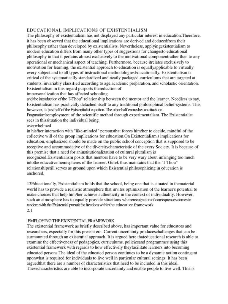 Educational Implications of Existentialism | PDF | Existentialism | Curriculum
