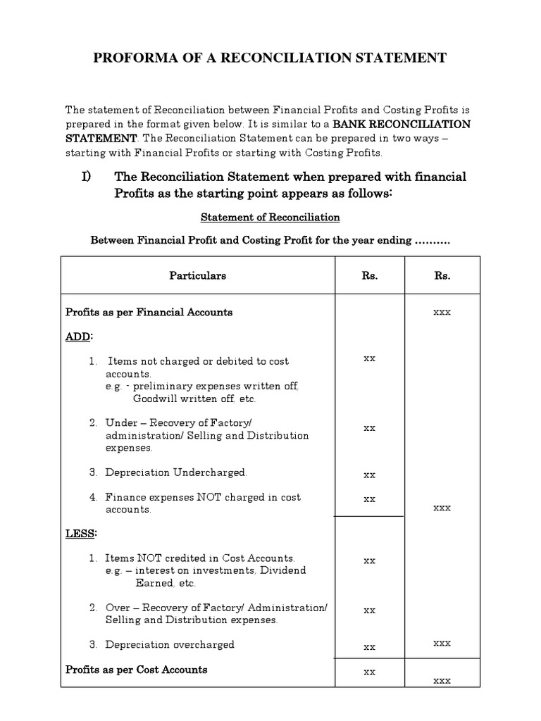 Proforma of A Reconciliation Statement | PDF | Expense | Debits And Credits