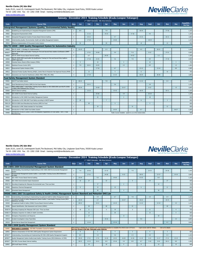 Neville Clarke Training Calendar Malaysia | PDF | Quality Management ...