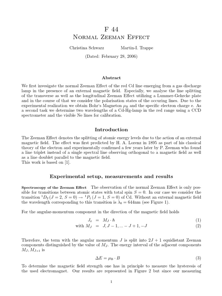 F44 Normal Zeeman Effect | PDF | Polarization (Waves) | Interference ...
